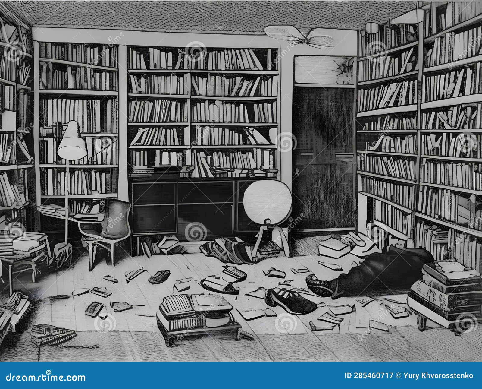 Monochrome Drawing of the Library. Generative AI Stock Illustration ...