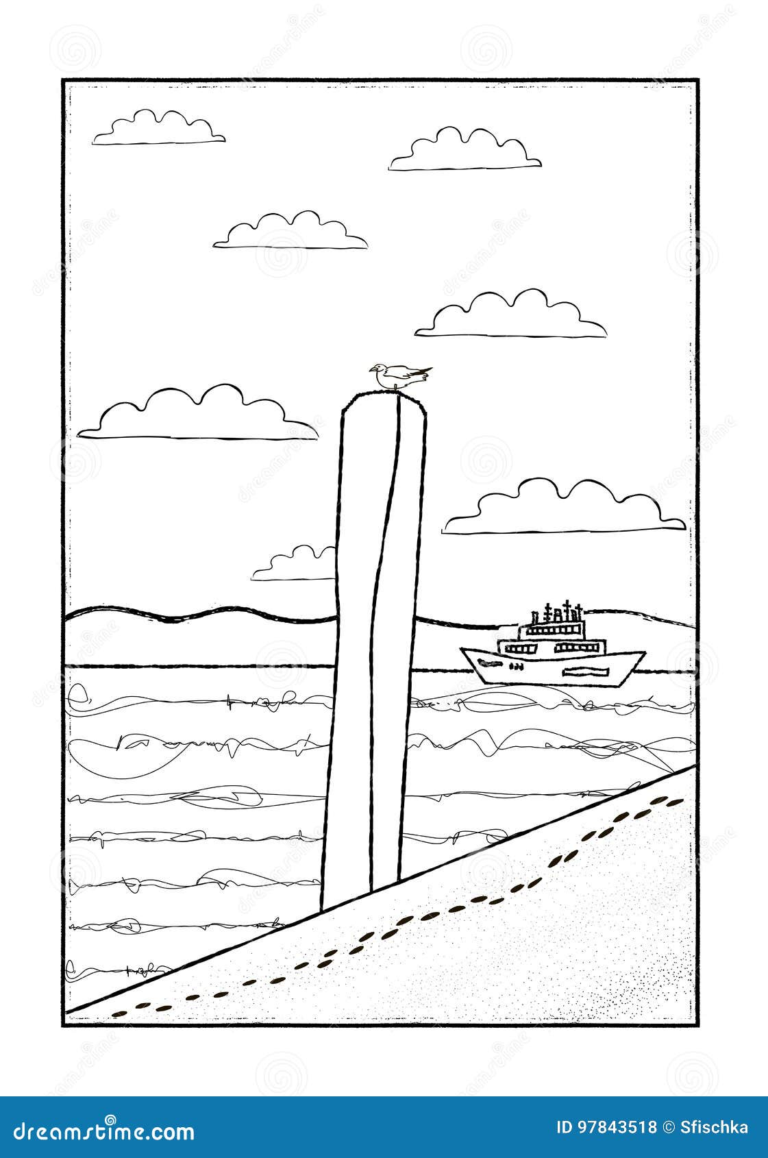 Monochrome Drawing of the Shore in the Port Stock Illustration ...