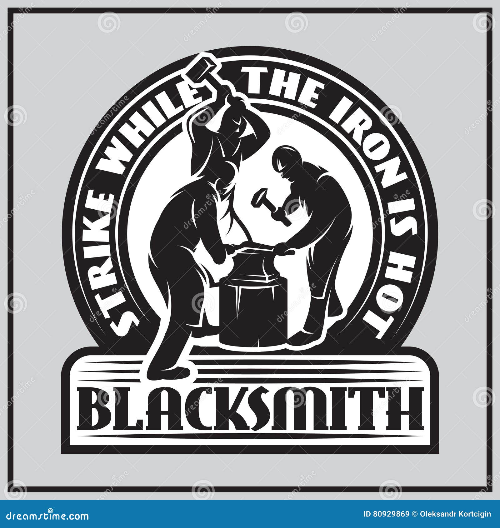 Monochrome Emblem In Retro Style With Three Blacksmiths Working In ...