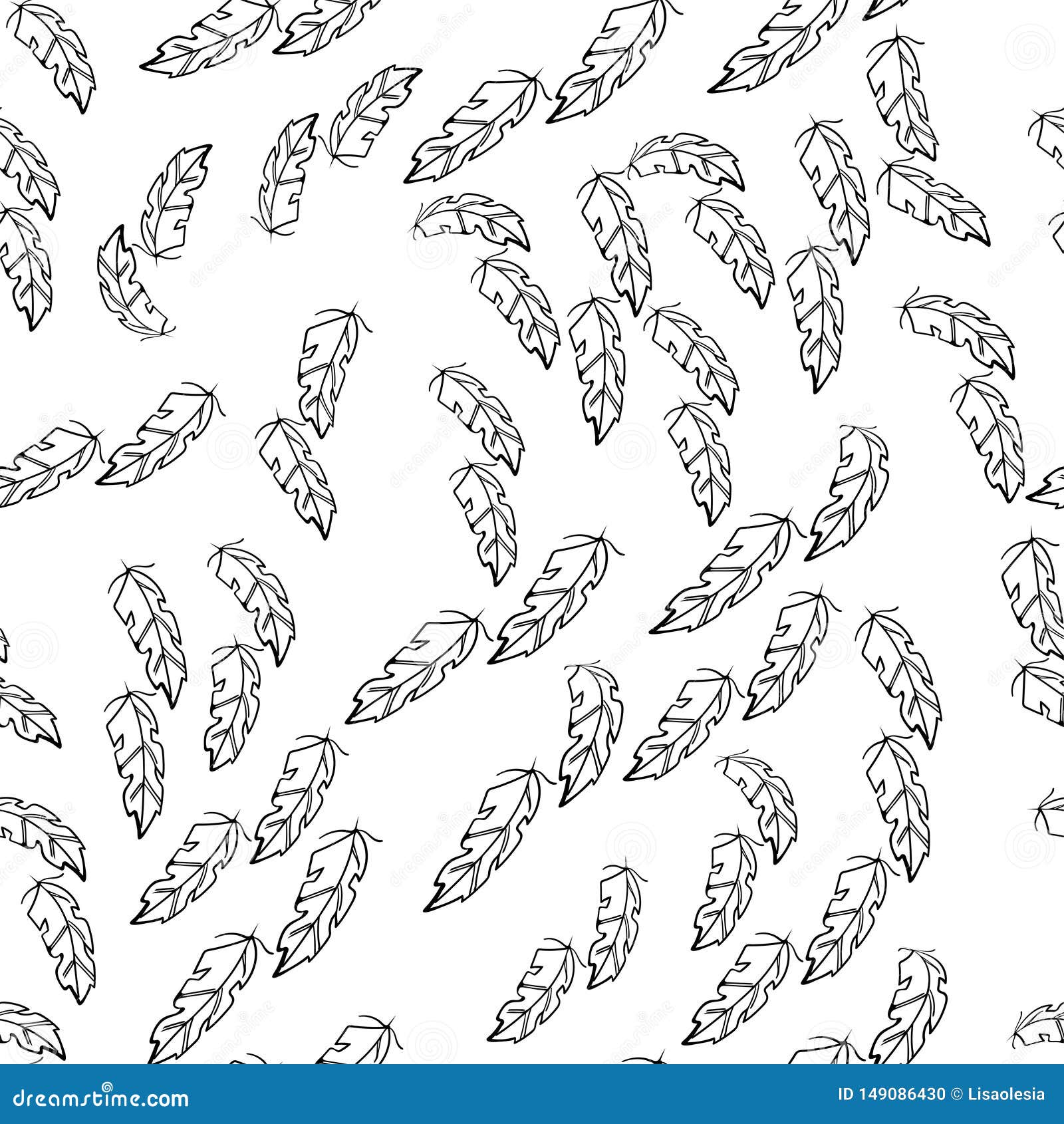 Monochrome Feather Pattern. Seamless Sketch Style Design. Black Outline ...