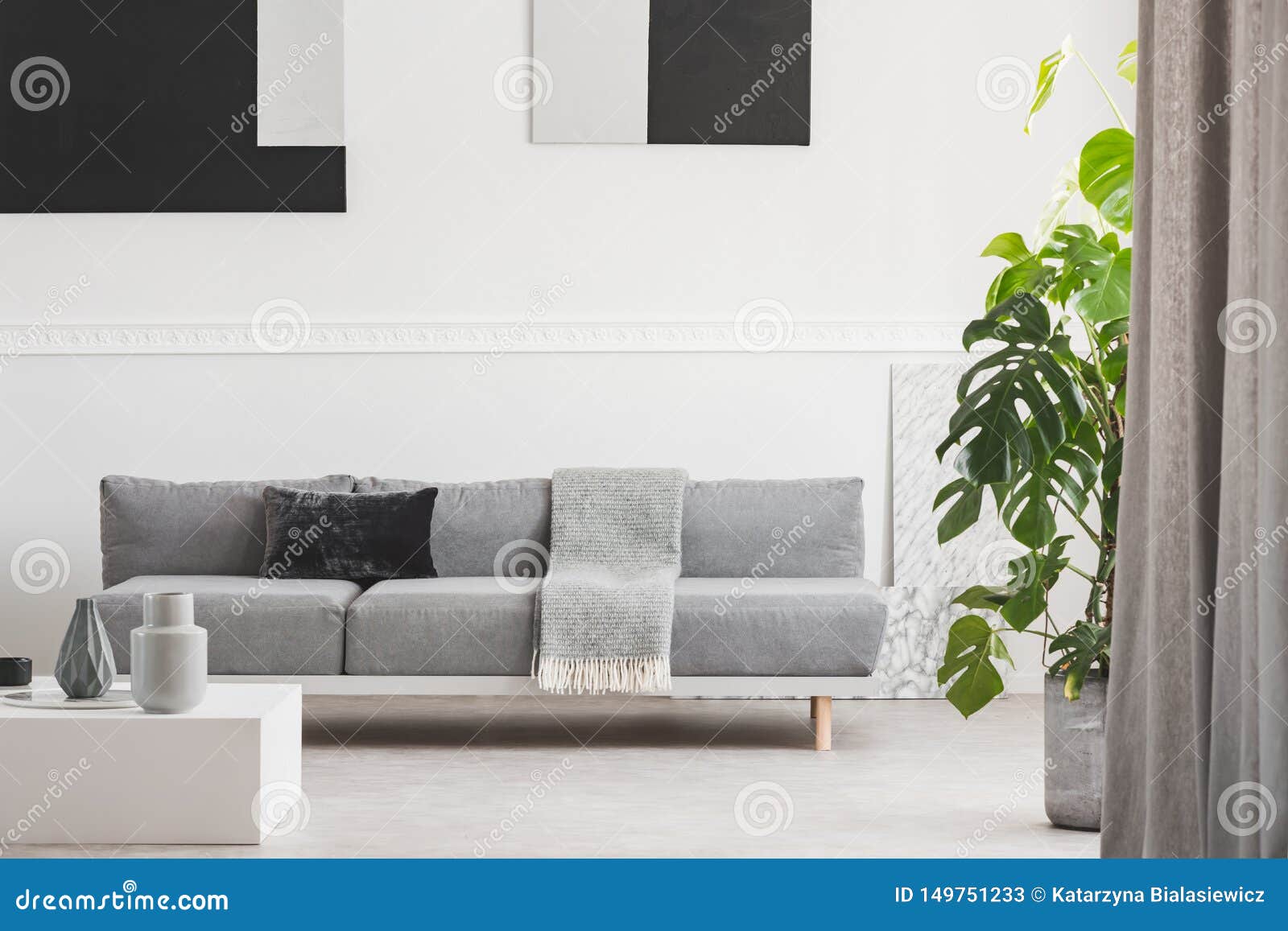 Monochrome Grey, White and Black Living Room Interior with Sofa Stock ...