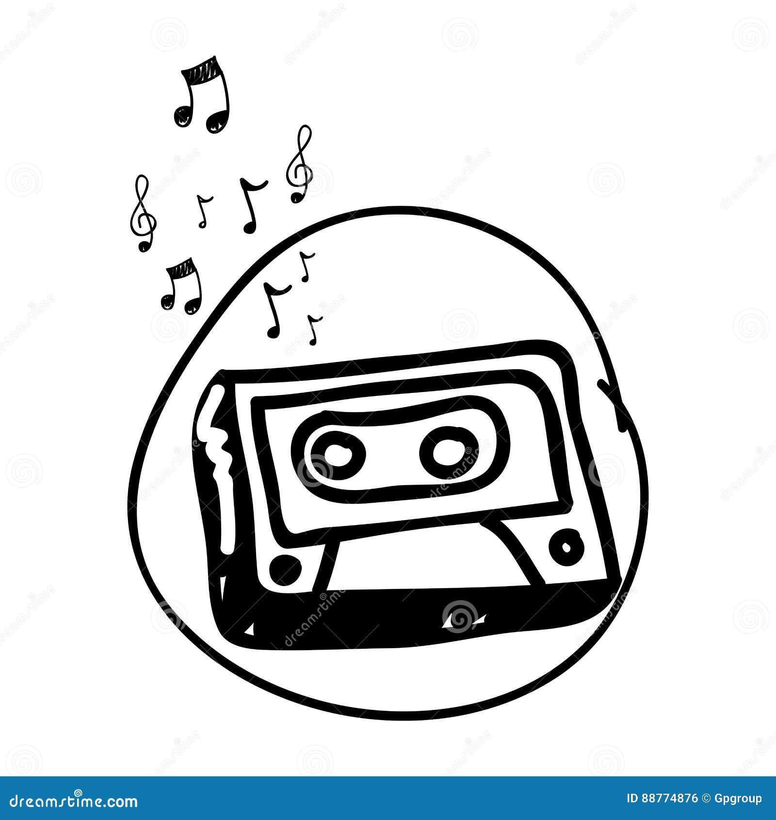 Monochrome Hand Drawing of Cassette Tape in Circle and Musical Notes ...