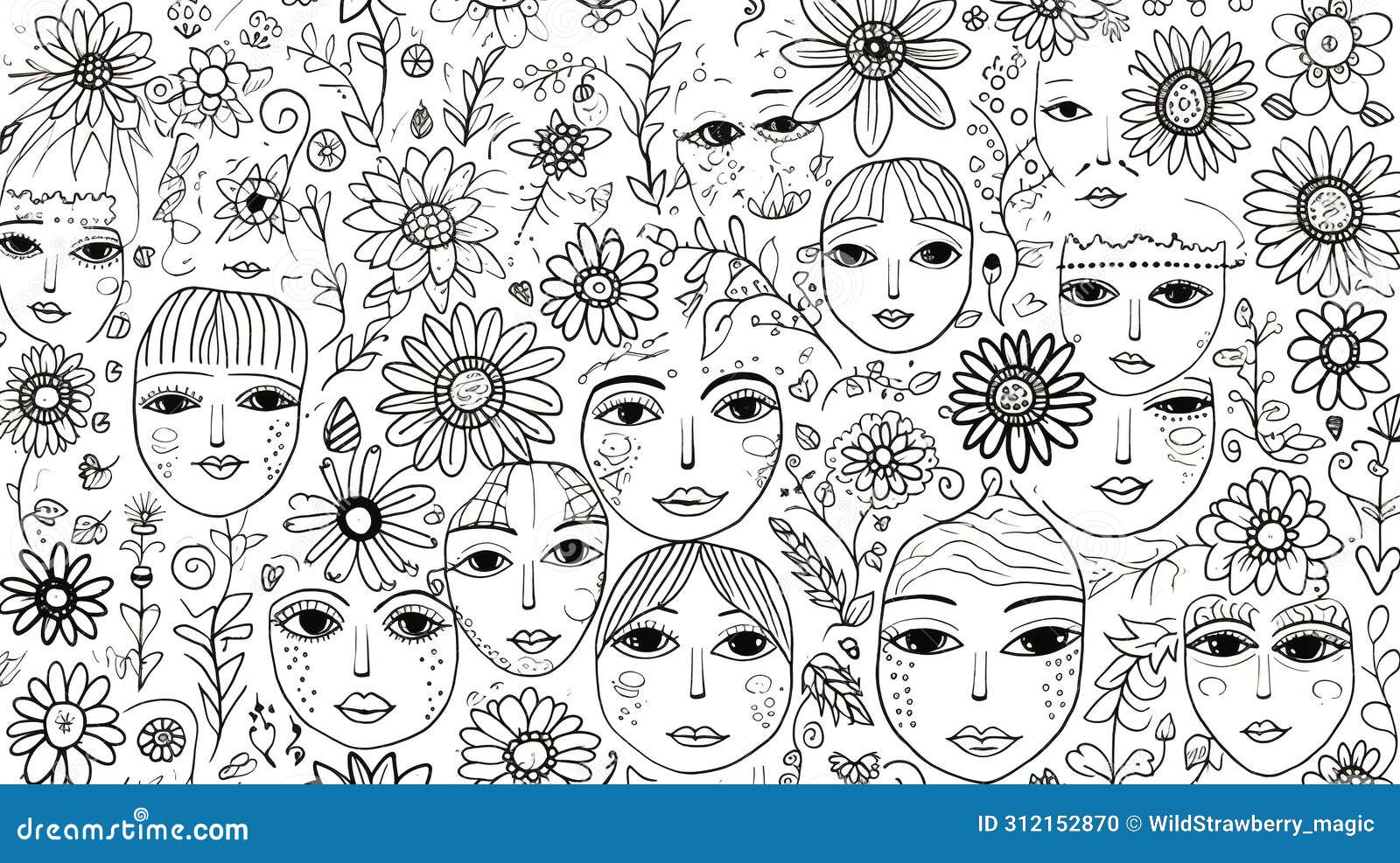 Monochrome Illustration of Diverse Faces Surrounded by Floral Patterns ...