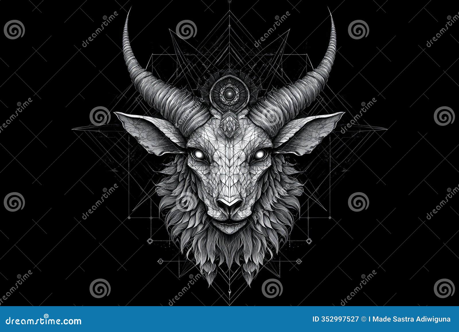 Monochrome Illustration of a Goat S Head with Horns, Intricate ...