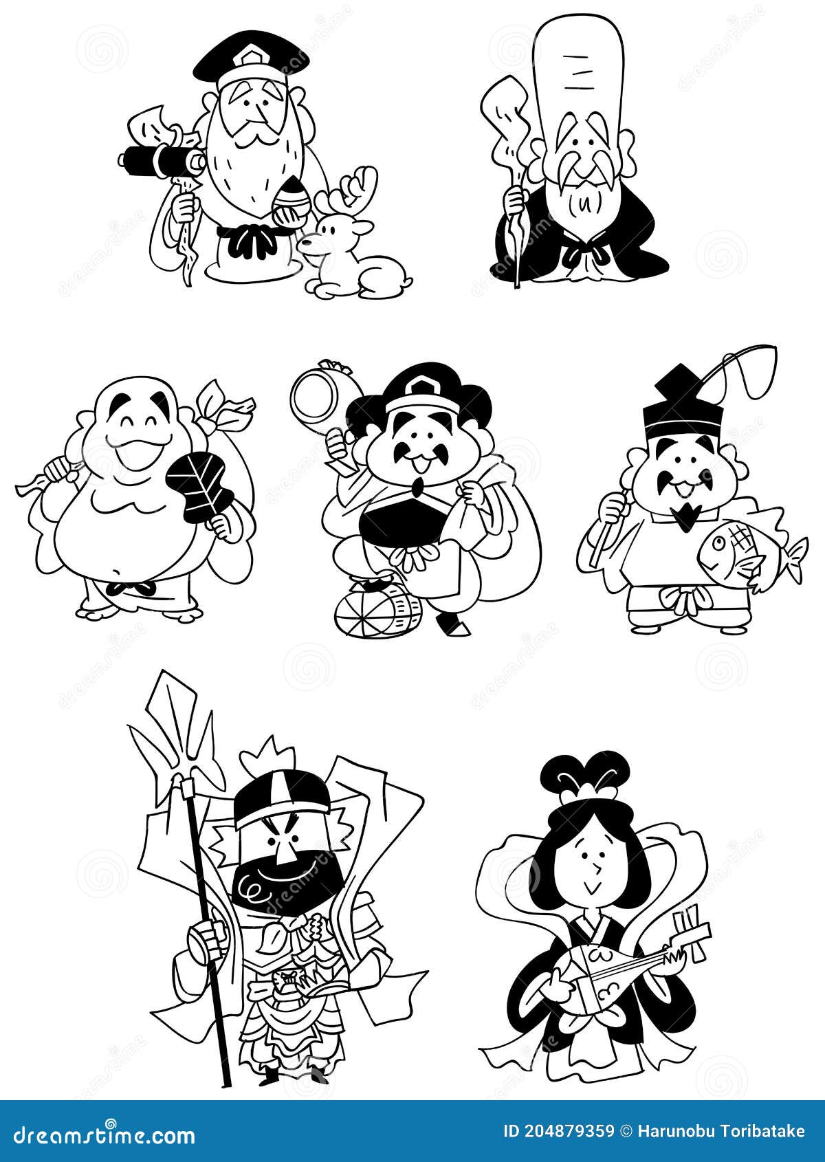 Monochrome Illustration of the Seven Lucky Gods Stock Vector ...