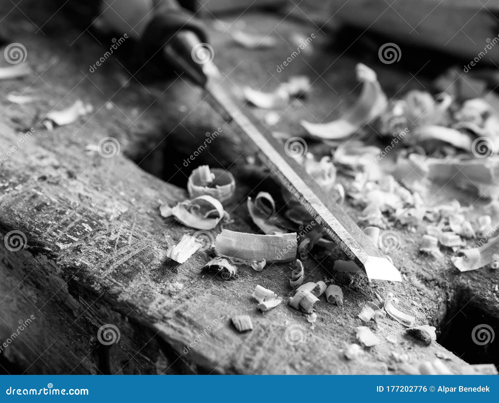 Monochrome Image, Sharp Chisel, Wood Chips on Old Oak Workbench Stock ...