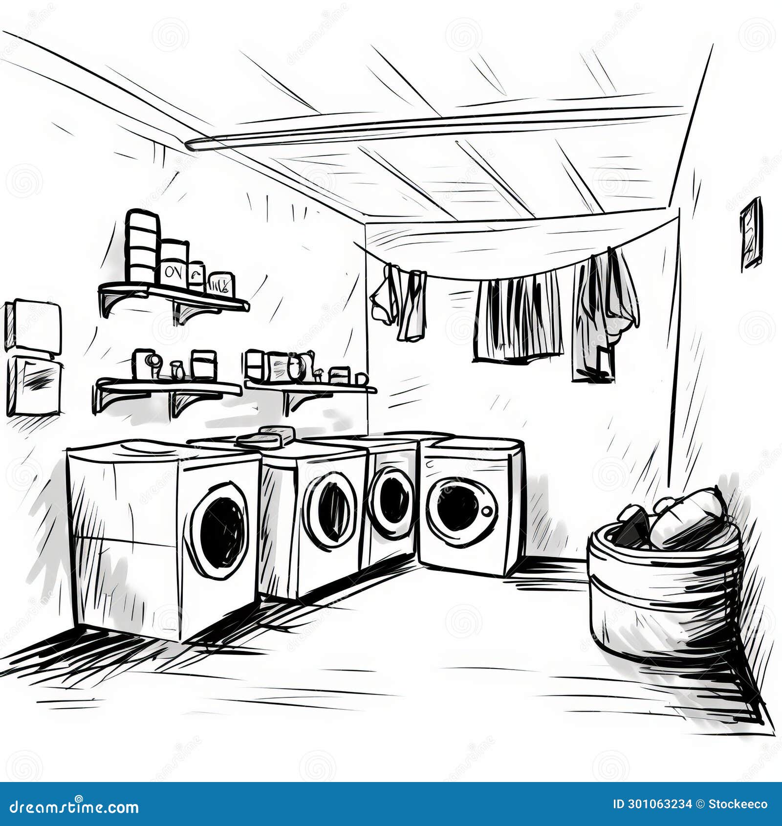 Noir-inspired Hand Drawn Laundry Room Illustration Stock Illustration ...