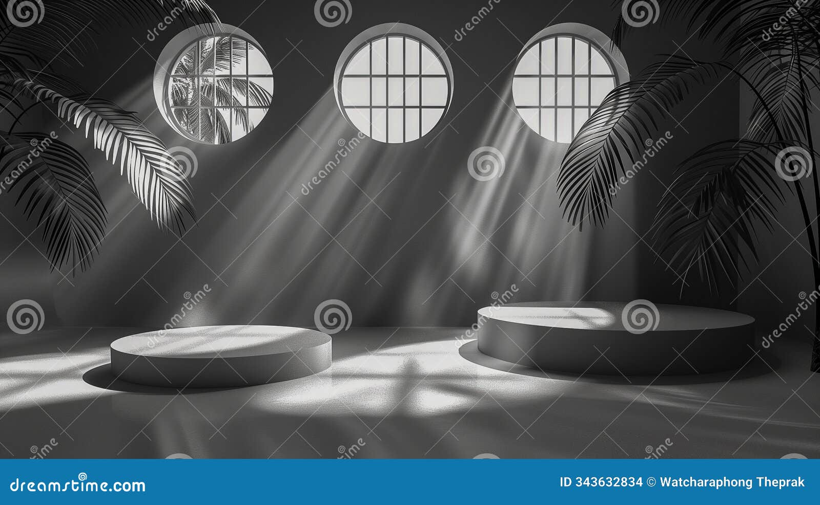 Monochrome Interior with Light Rays and Circular Platforms Stock ...