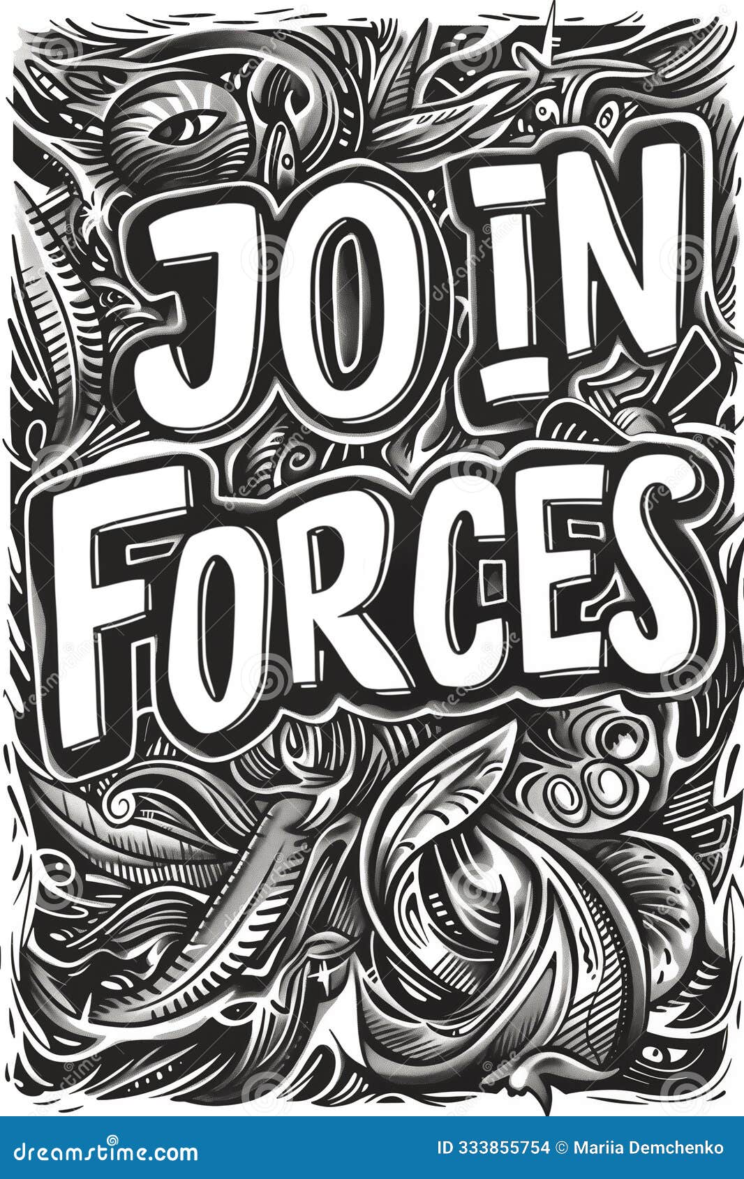 Monochrome Join Forces Illustration with Intricate Doodle Patterns in ...