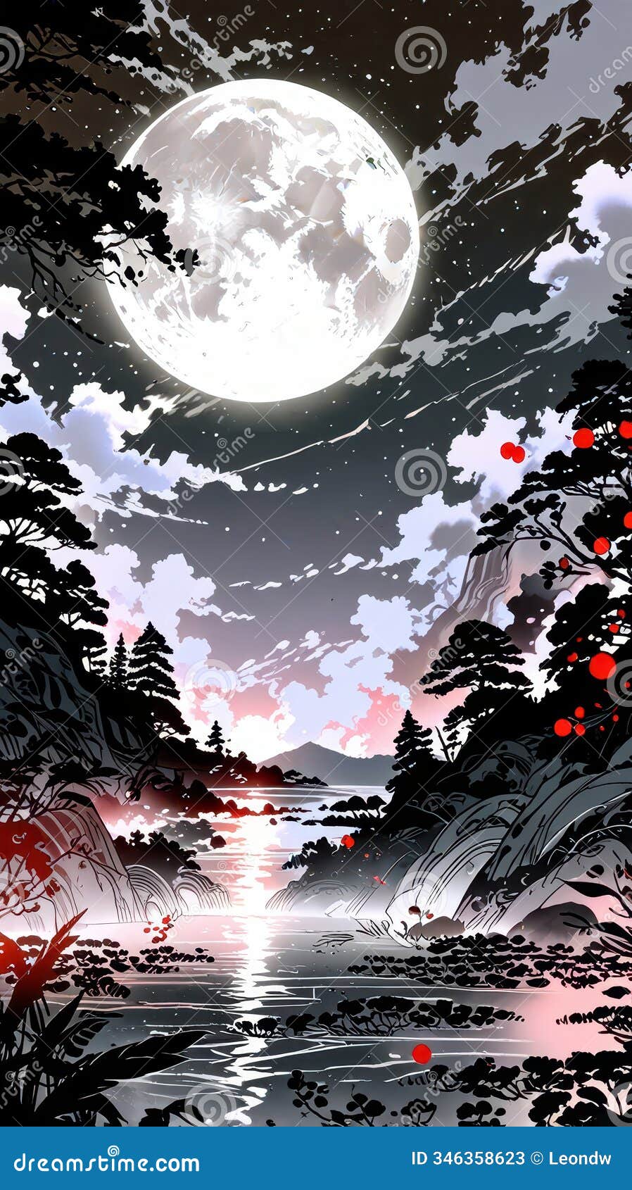 Monochrome Lake Illustration with Huge Moon Behind Stock Illustration ...