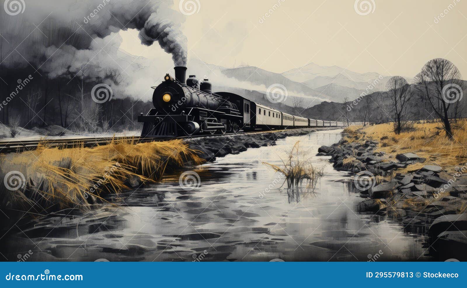 Monochrome Landscape: Steam Engine on Railroad Tracks by a Stream Stock ...