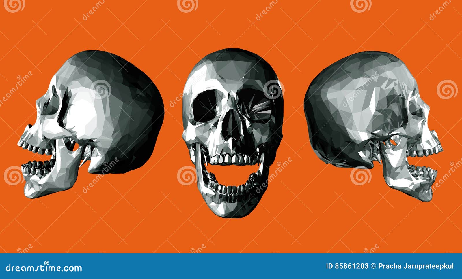 Monochrome Low Poly Skull Open Jaw On Orange Background Cartoon Vector ...