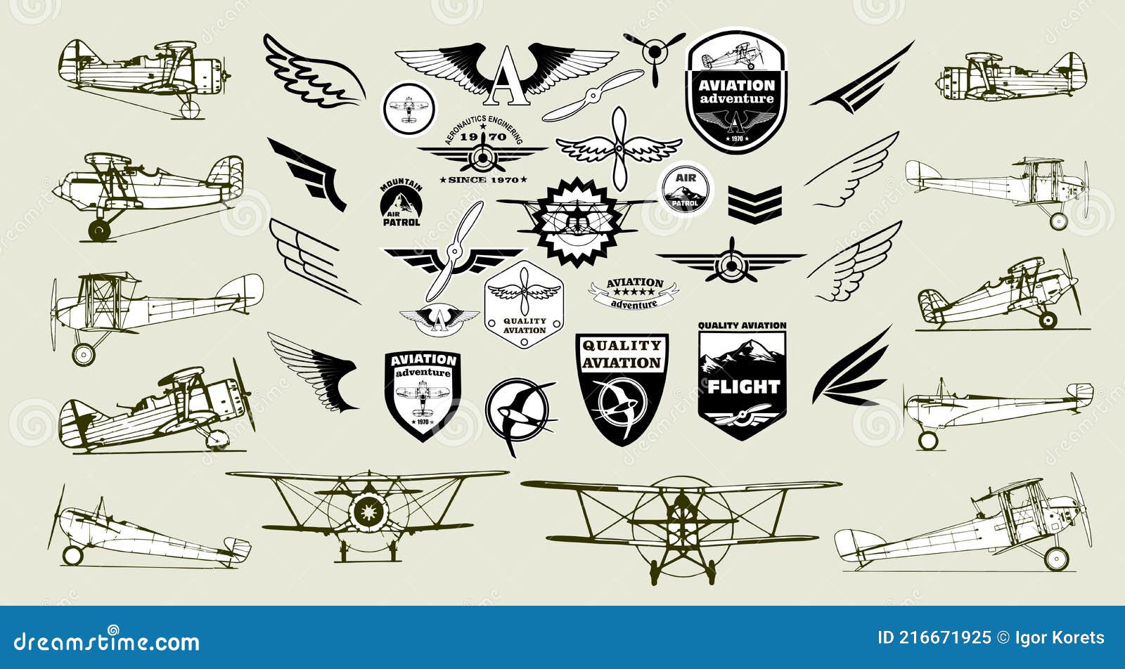 Monochrome Mega Set of Retro Airplanes, Emblems, Design Elements ...