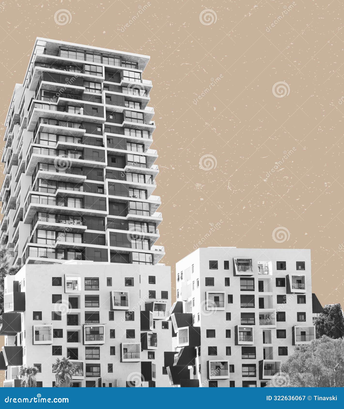 Monochrome Modern Buildings Complex Collage on Retro Background Stock ...