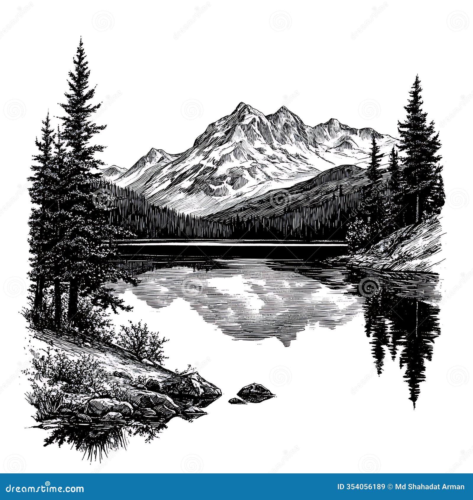 Monochrome Mountain Lake Reflection Drawing Ink Sketch Stock ...