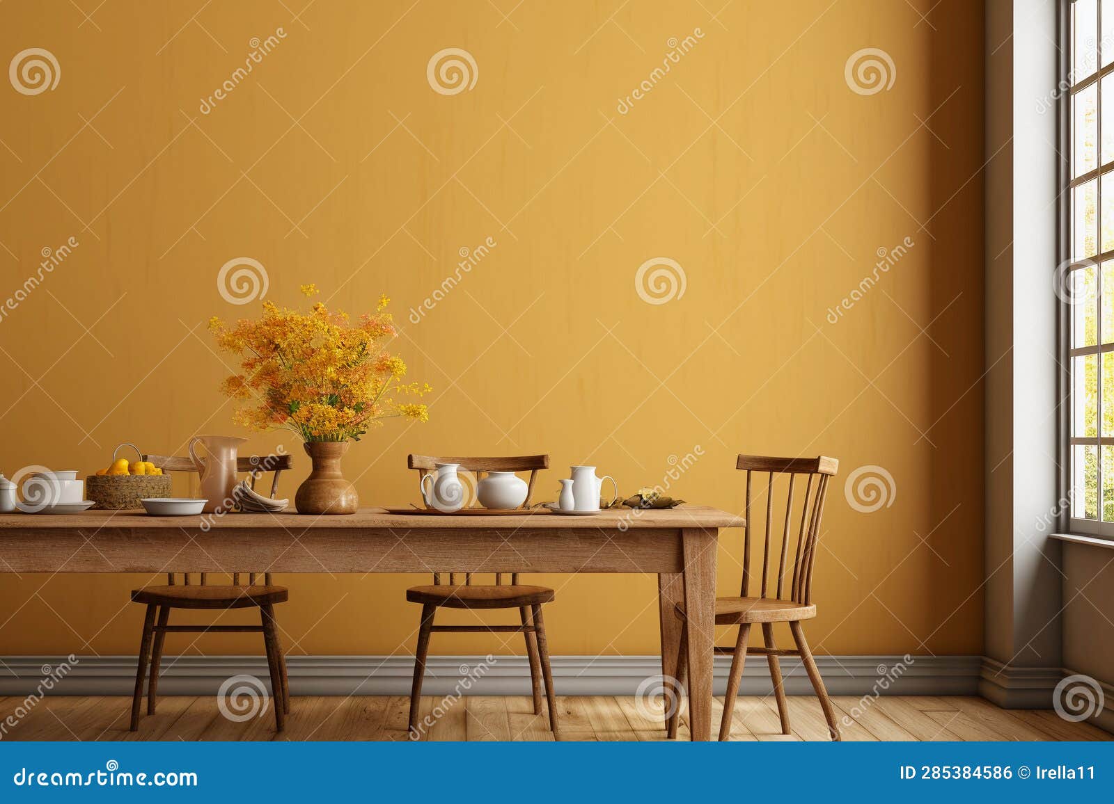 Monochrome Mustard Yellow Kitchen Interior with Wood Table in Rustic ...