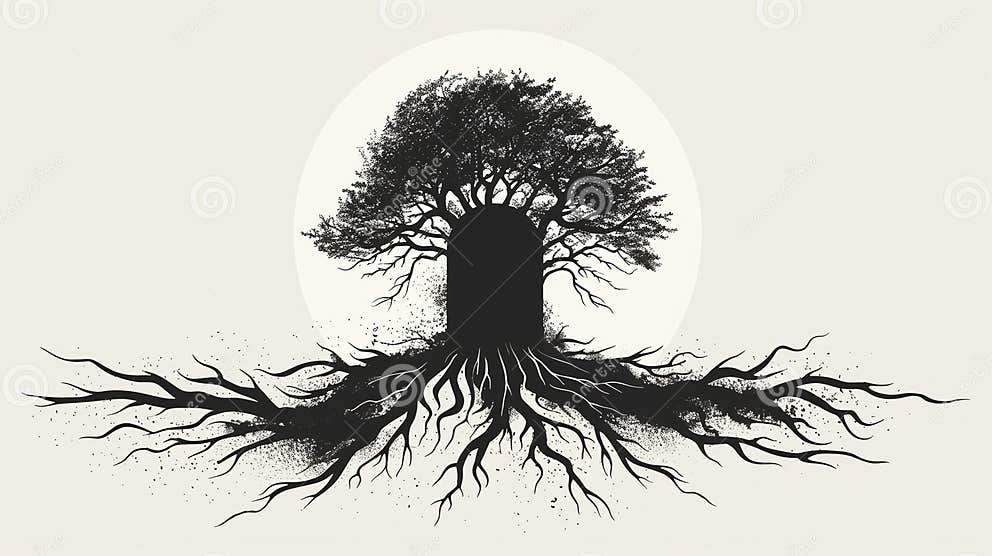 Monochrome Mystical Tree with Deep Roots and Ancient Stone Circle Stock ...