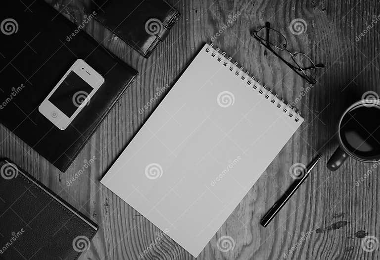 Monochrome Notebook Paper Writing Tools Stock Photo - Image of leather ...