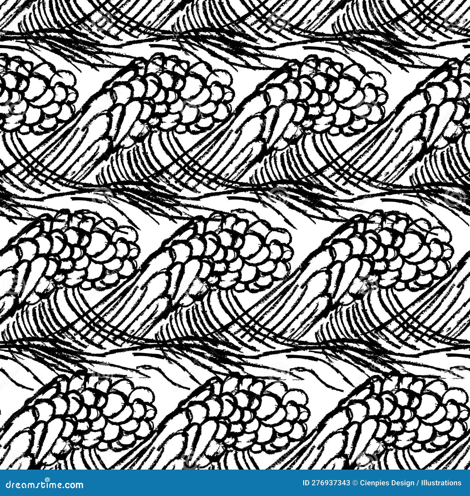 Monochrome Ocean Wave Doodle in Hand Drawn Style Seamless Pattern ...