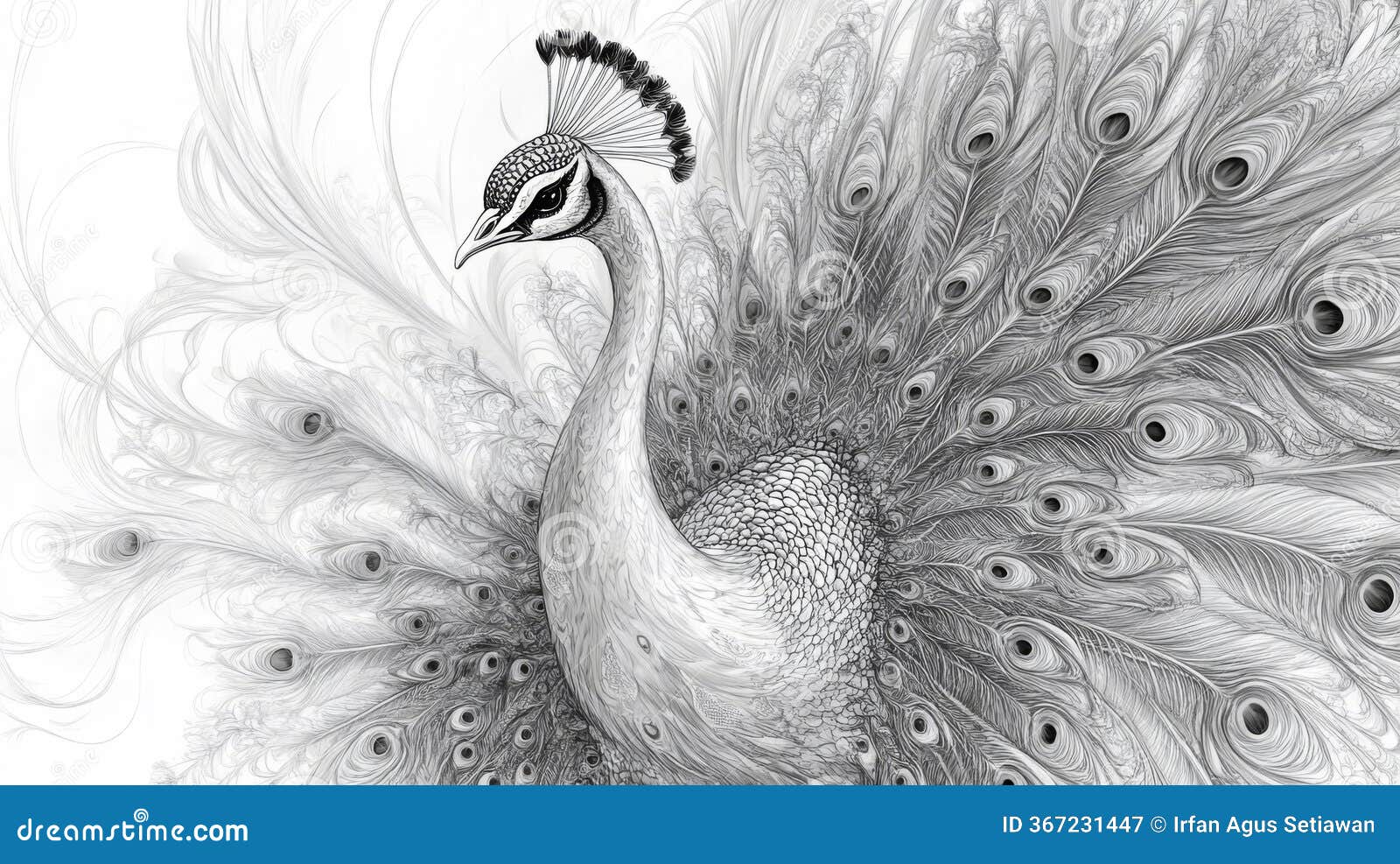 Monochrome Peacock Illustration Stippling Detailed Feather Pattern ...