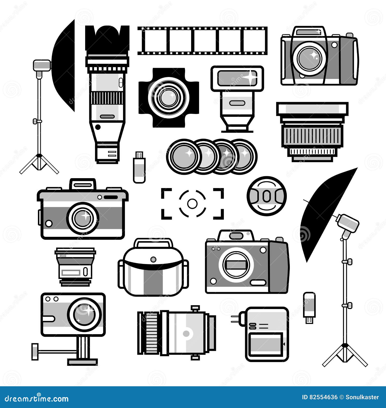 Monochrome Photographer Kit, Camera Elements Stock Vector ...