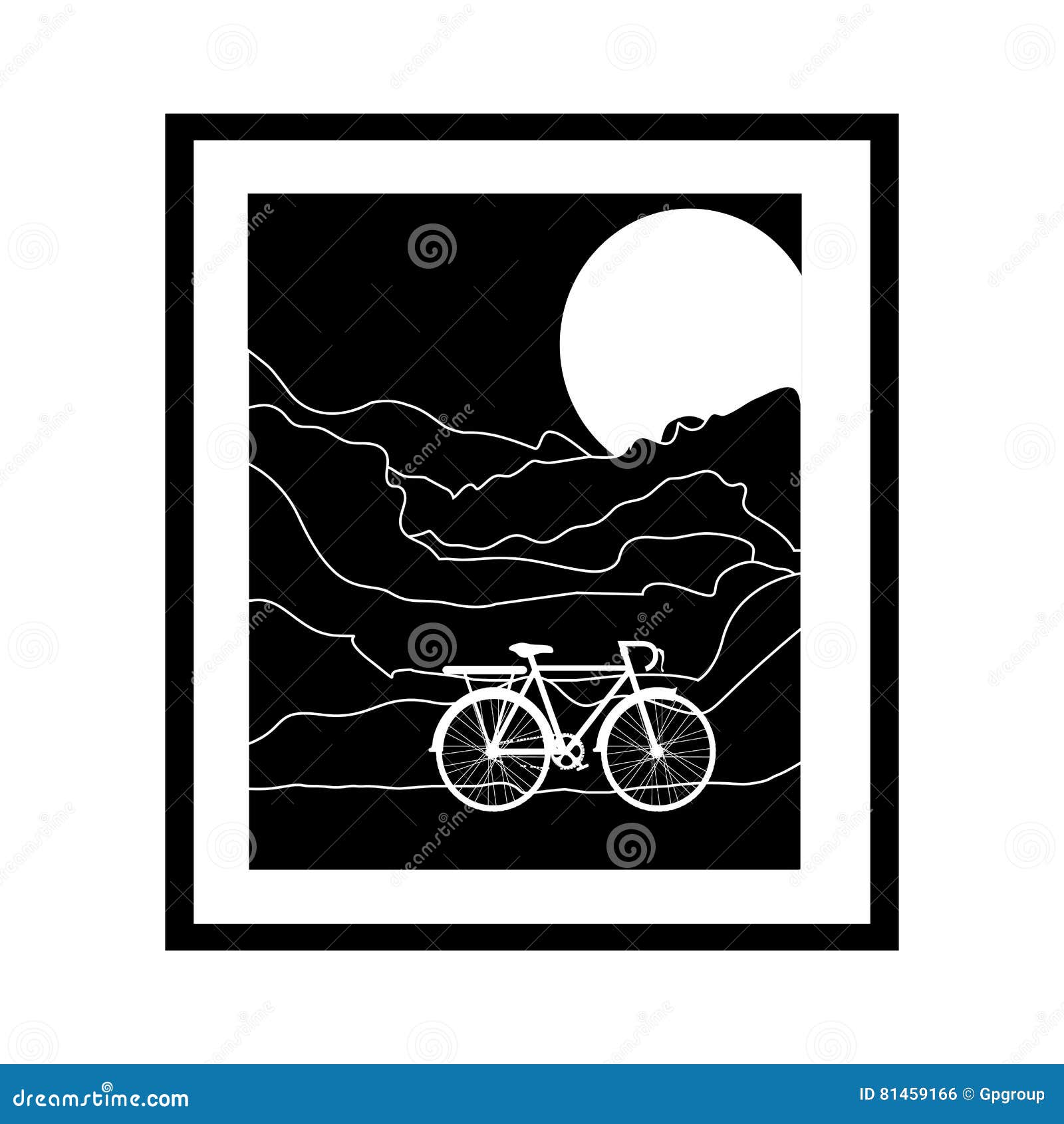 Monochrome Picture Frame with Bicycle and Moon Stock Illustration ...