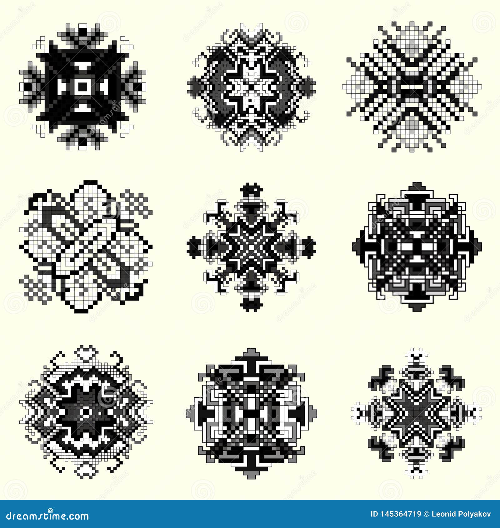 Monochrome Pixel Mandala Collection of Vintage Objects Stock ...