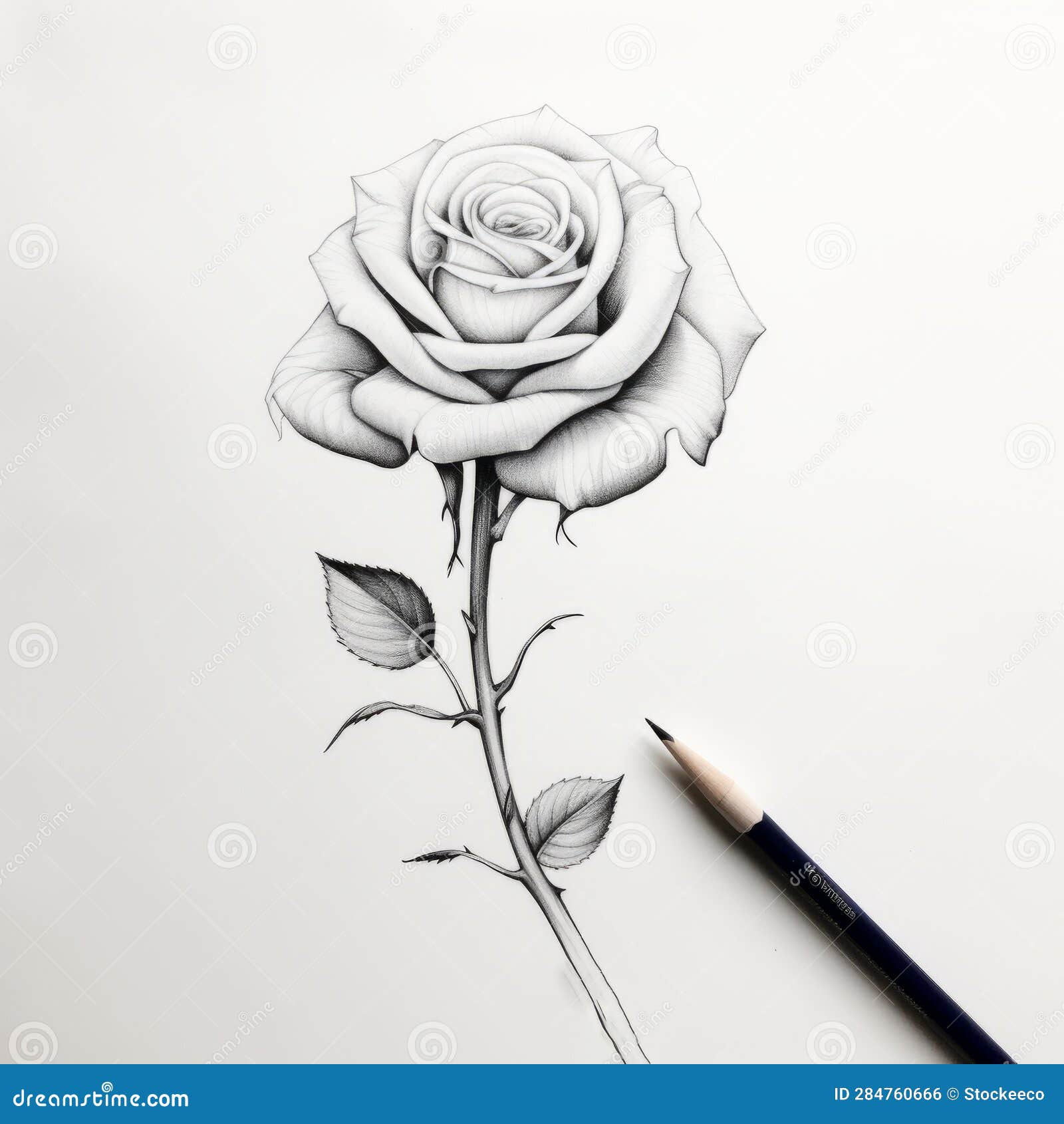 Monochrome Rose with Long Stem: Simple Linear Design on White ...