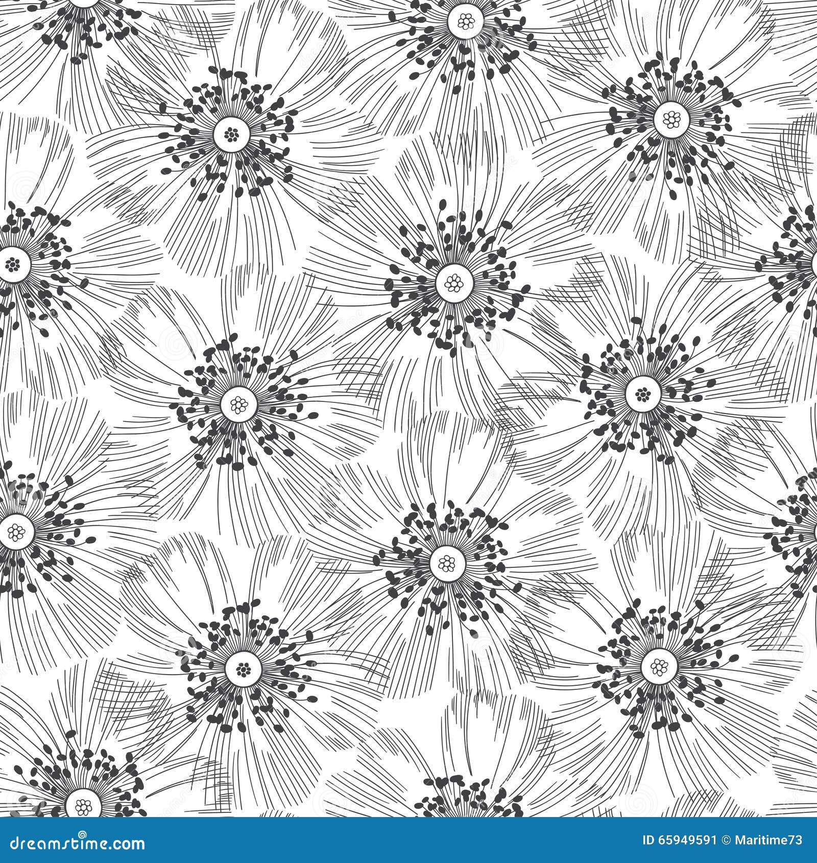 Monochrome Seamless Pattern Of Abstract Flowers Hand Drawn Floral