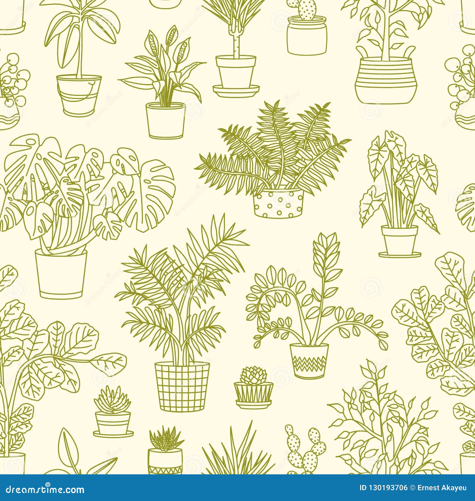 Monochrome Seamless Pattern with Plants Growing in Planters Drawn with ...