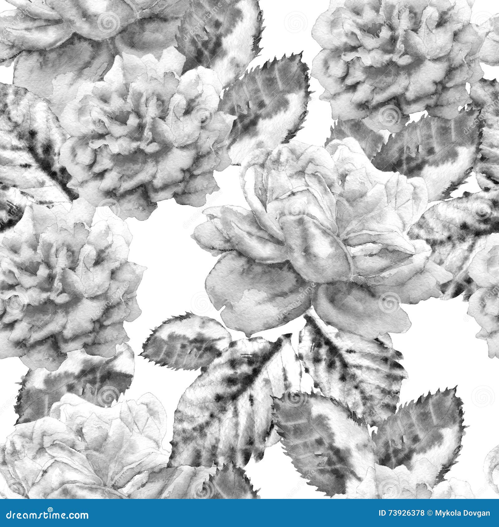 Monochrome Seamless Pattern with Roses. Watercolor Stock Illustration ...