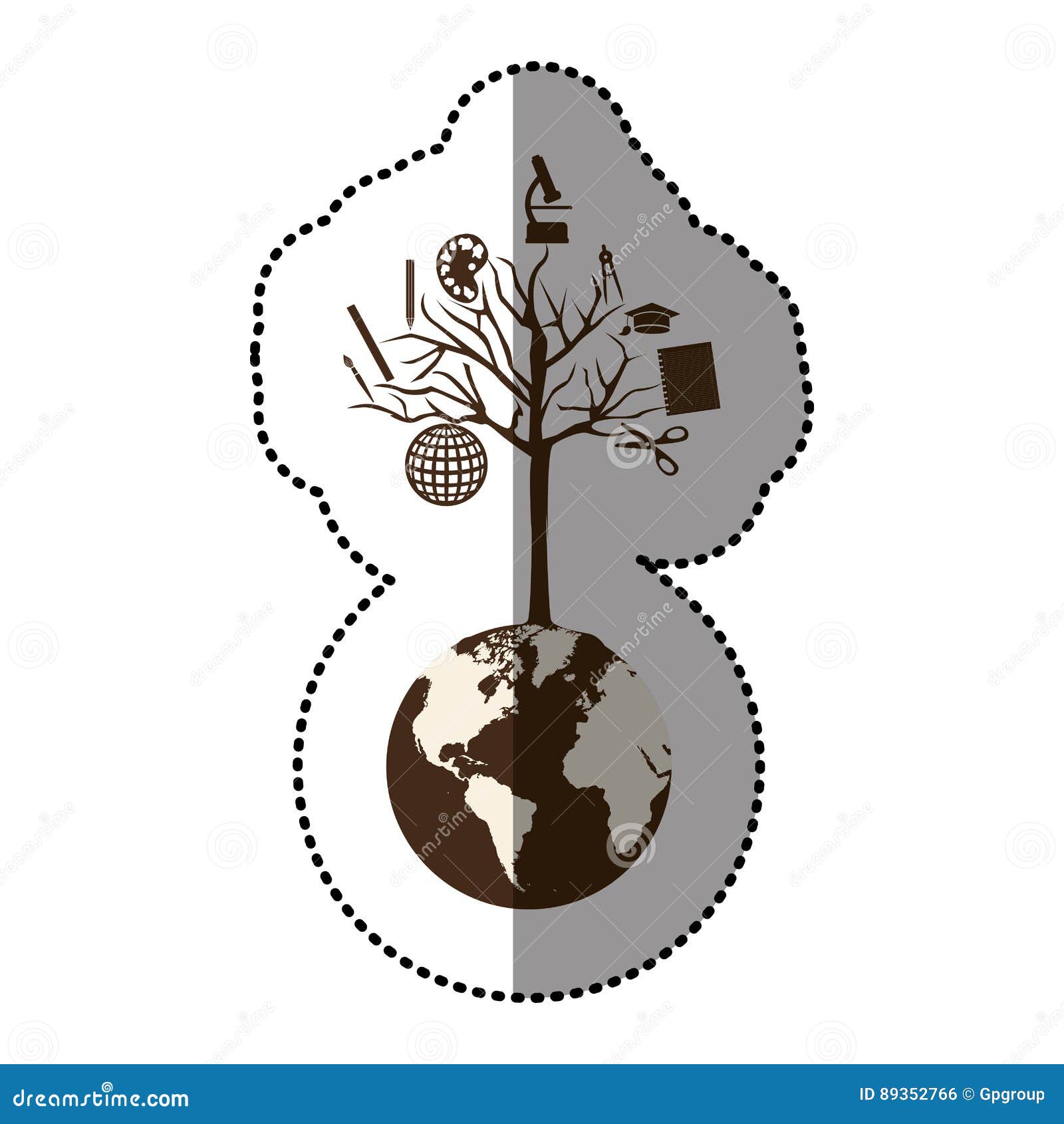 Monochrome Sticker of World with Tree of Knowledge Stock Illustration ...
