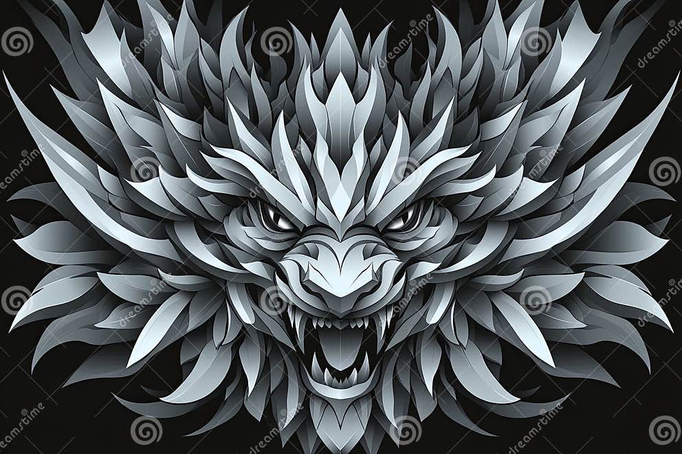Monochrome Stylized Dragon Head with Sharp Teeth and Textured Mane ...