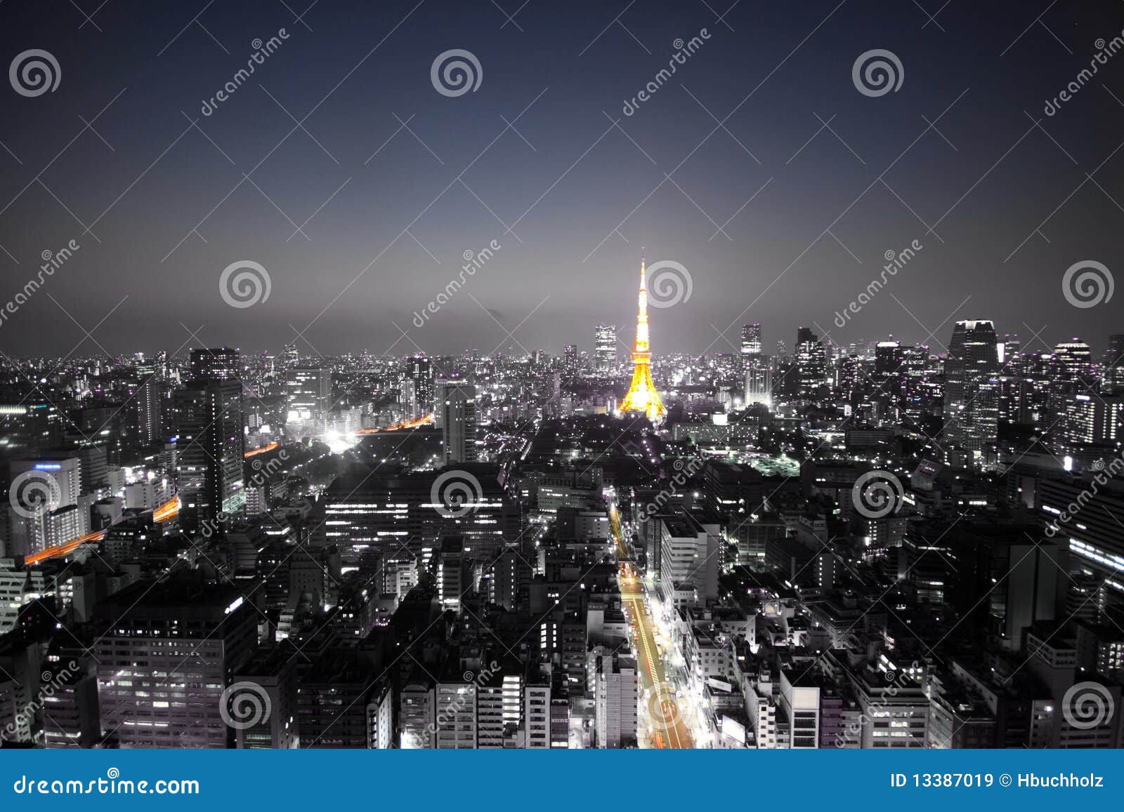 Monochrome Tokyo Night Skyline with Highlights Stock Image - Image of ...