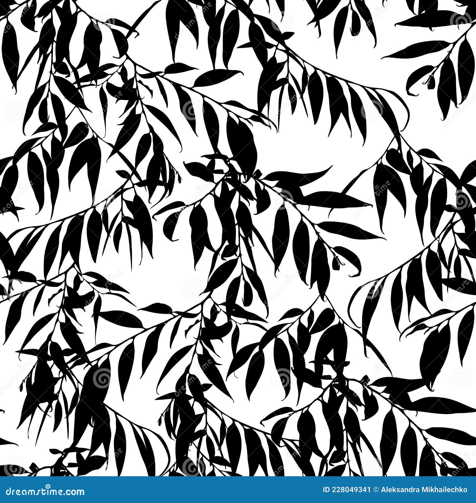 Monochrome Vector Cute Seamless Pattern with Willow Leaves Isolated on ...