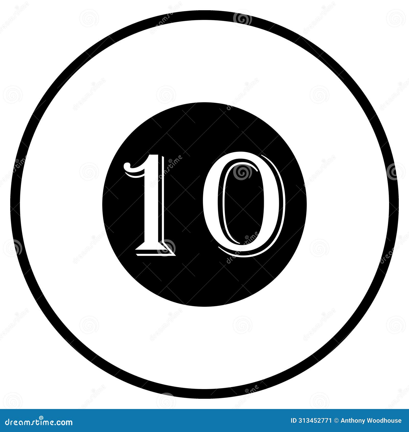 Monochrome Vector Graphic of the Number Ten within a White Circle with ...