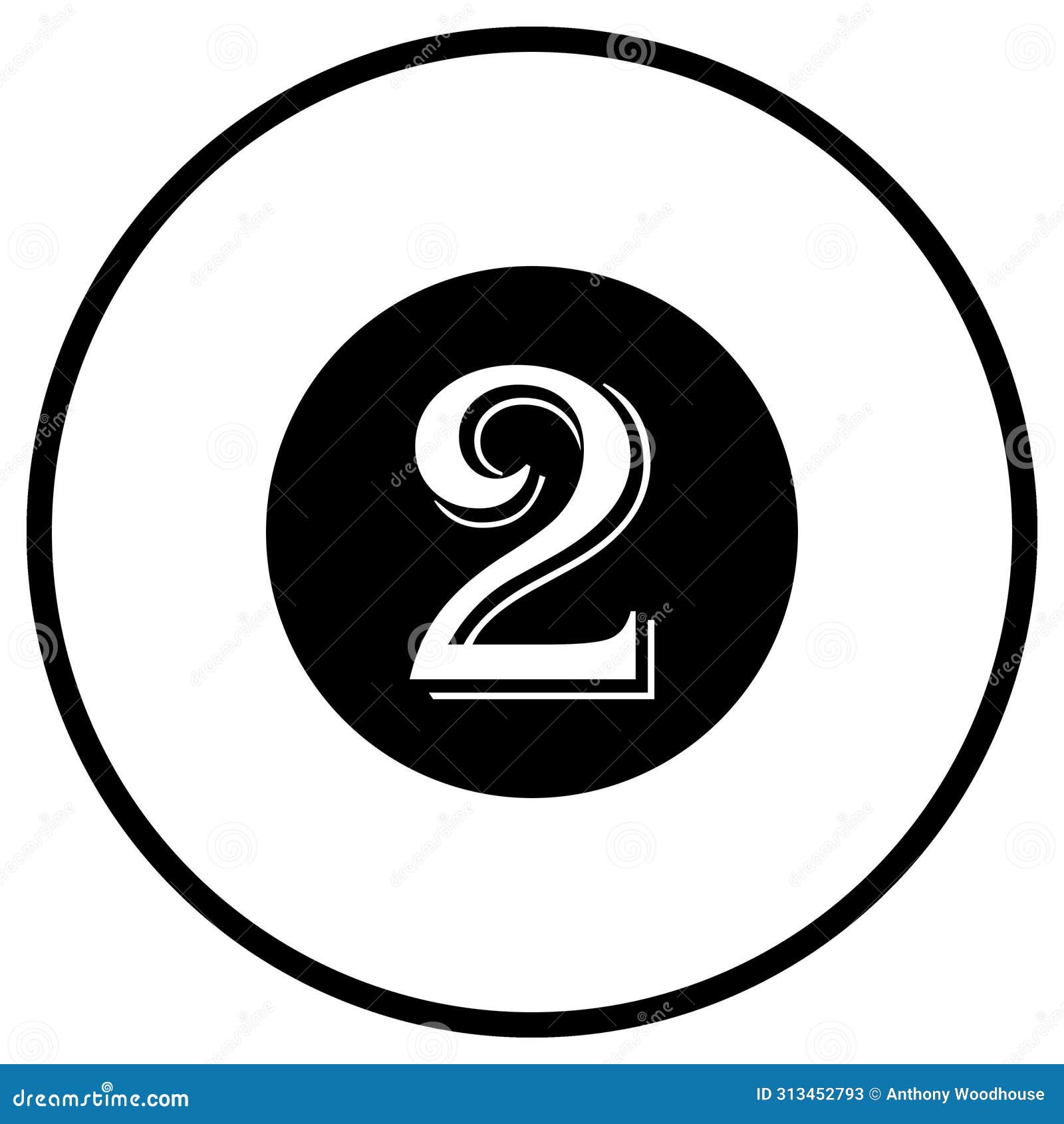 Monochrome Vector Graphic of the Number Two within a White Circle with ...