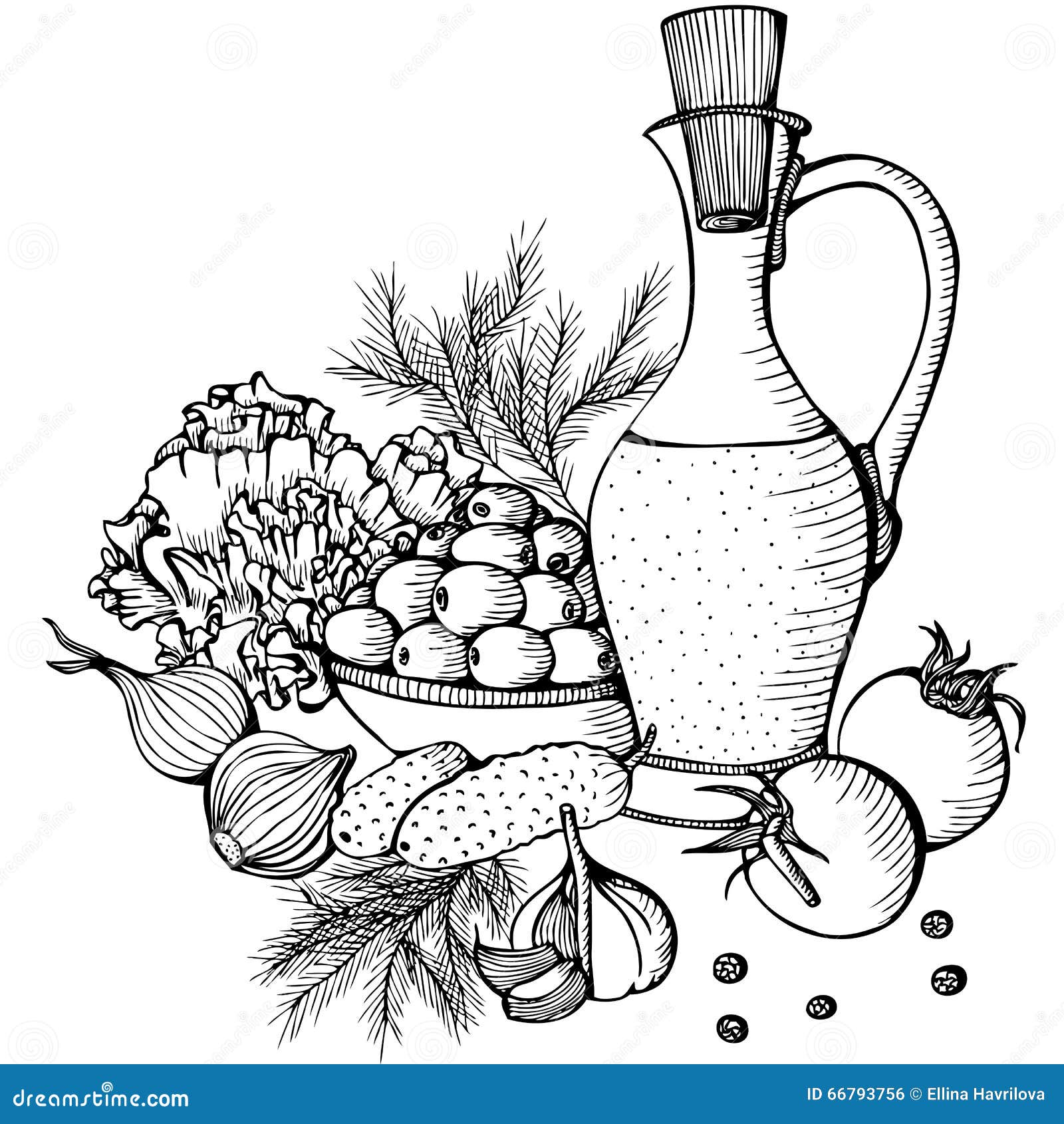 Monochrome Vector Still Life with Vegetables and Oil Stock Vector ...