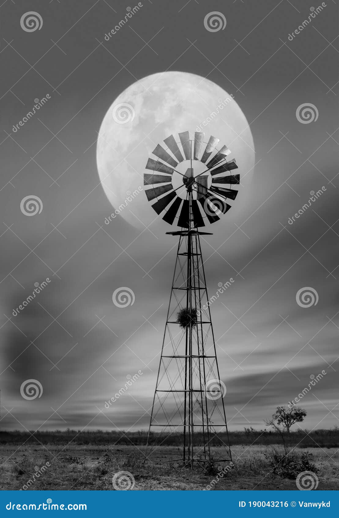 Monochrome Windmill at Full Moon. Stock Photo - Image of monochrome ...