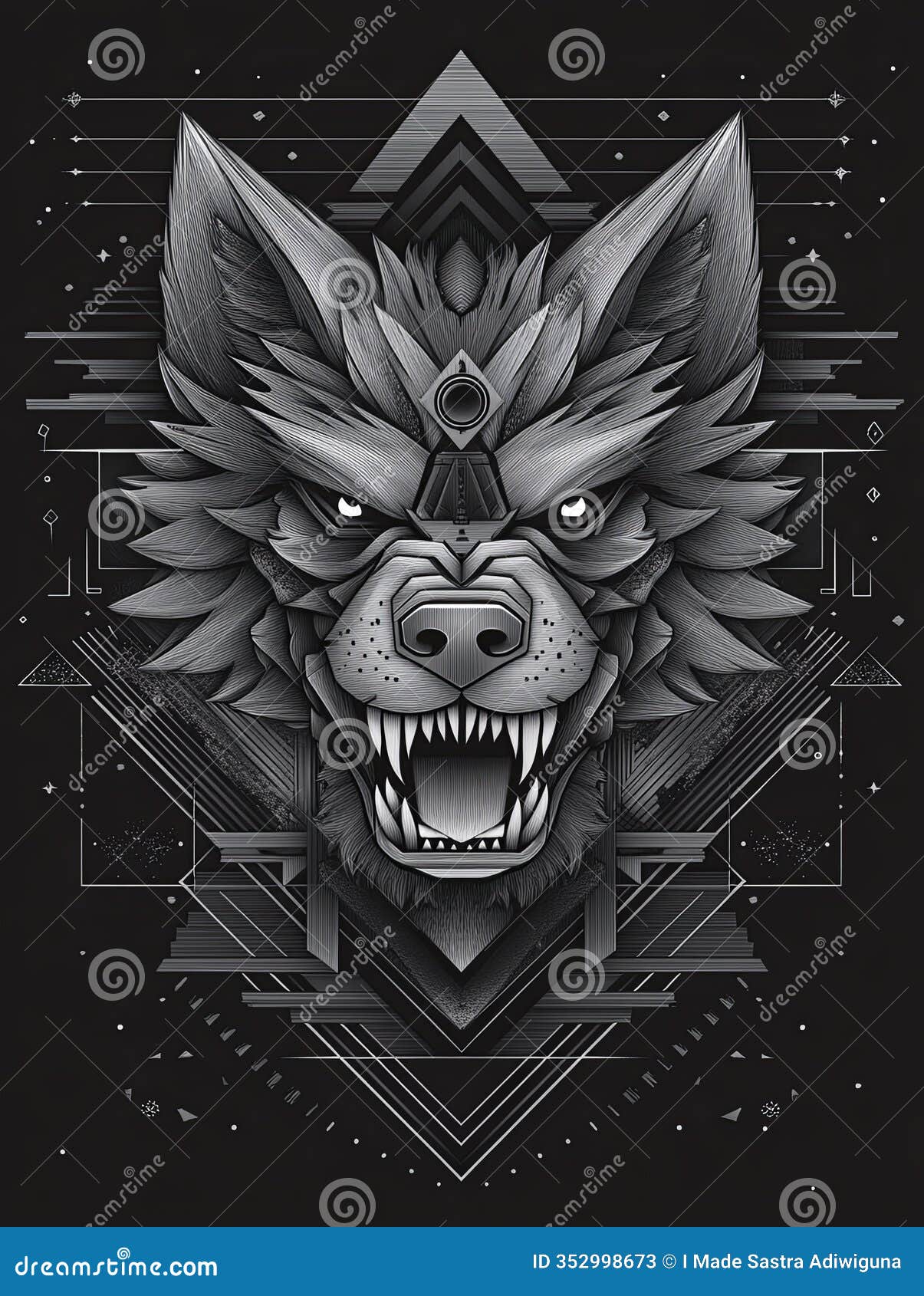 Monochrome Wolf Head Illustration with Geometric Sacred Geometry Design ...