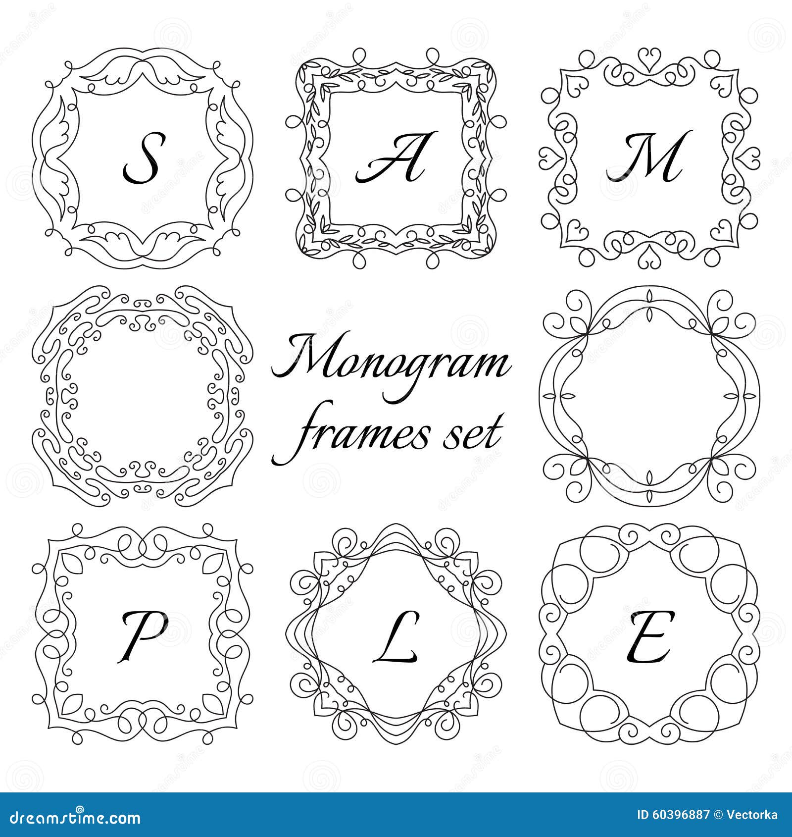 8 Monogram Frames. Retro Style Set. Hand Drawn Ornaments. Stock ...
