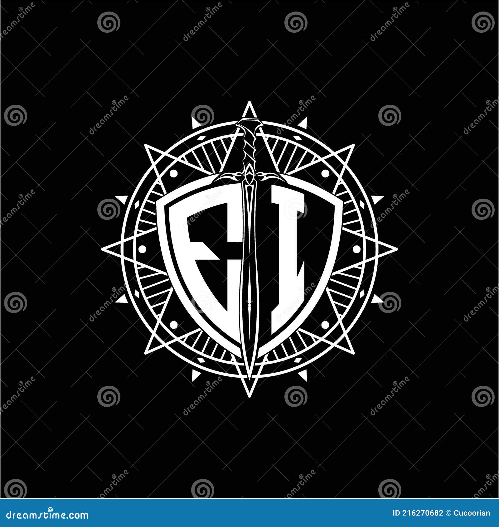 Monogram Initial Letter EI with Shield Decorated with Star Ornament ...
