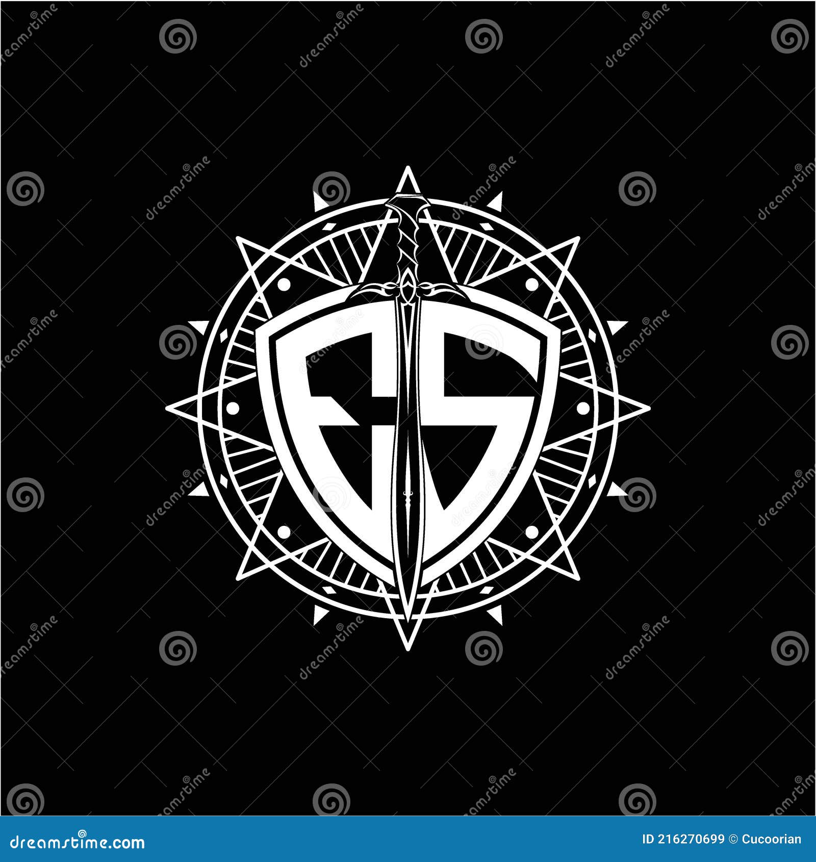 Monogram Initial Letter ES with Shield Decorated with Star Ornament ...