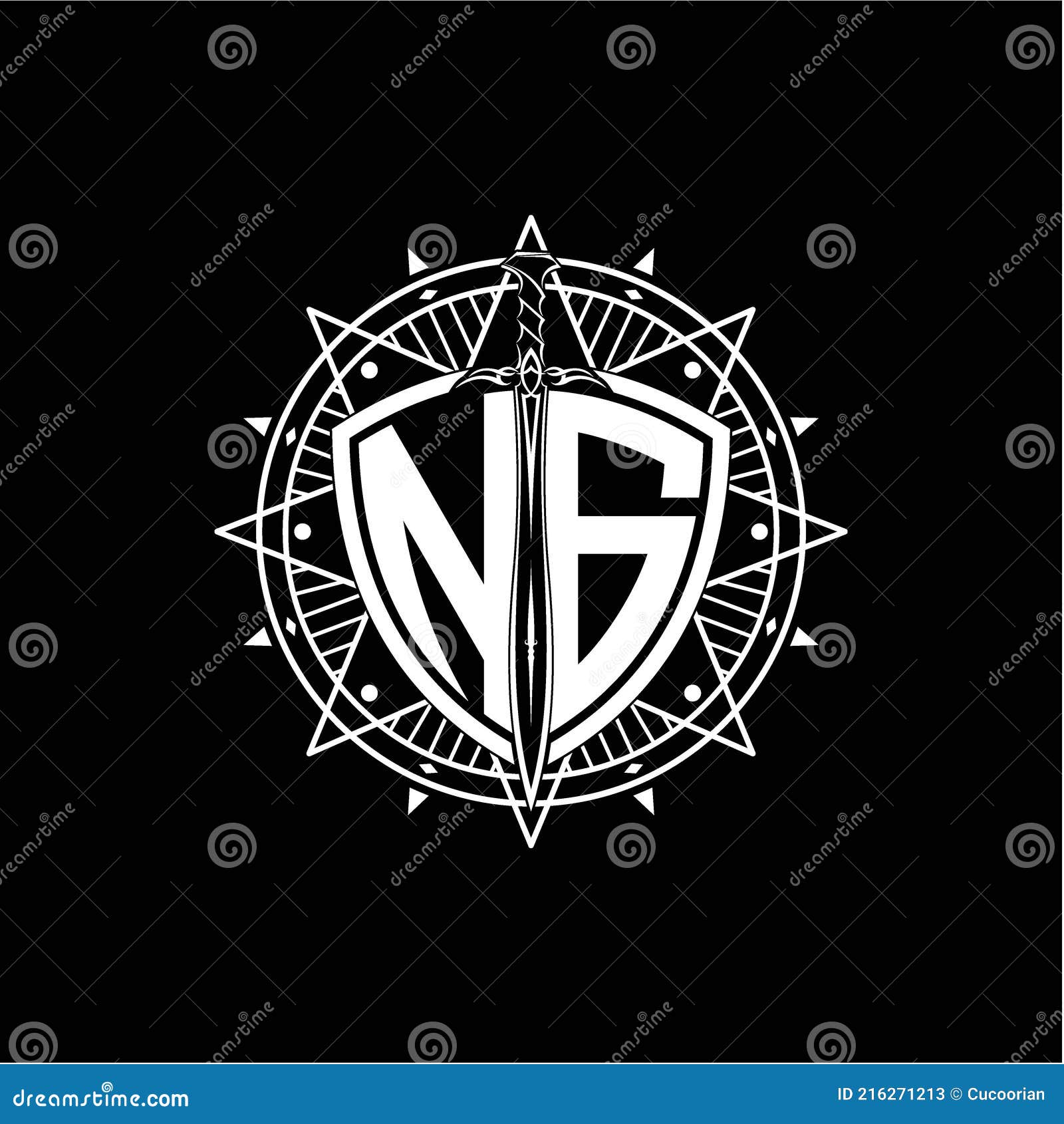 Monogram Initial Letter NG with Shield Decorated with Star Ornament ...