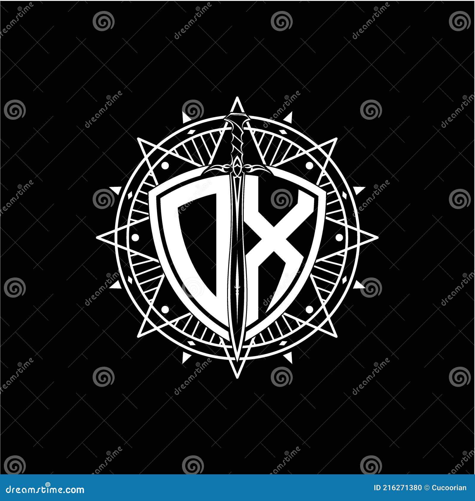Monogram Initial Letter OX with Shield Decorated with Star Ornament ...