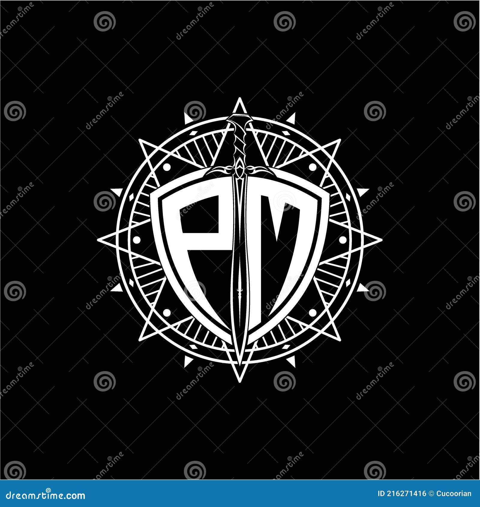 Monogram Initial Letter PM with Shield Decorated with Star Ornament ...