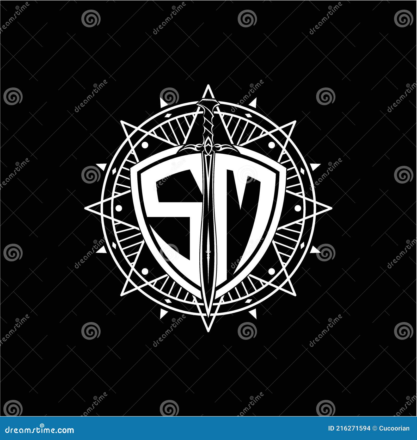 Monogram Initial Letter SM with Shield Decorated with Star Ornament ...