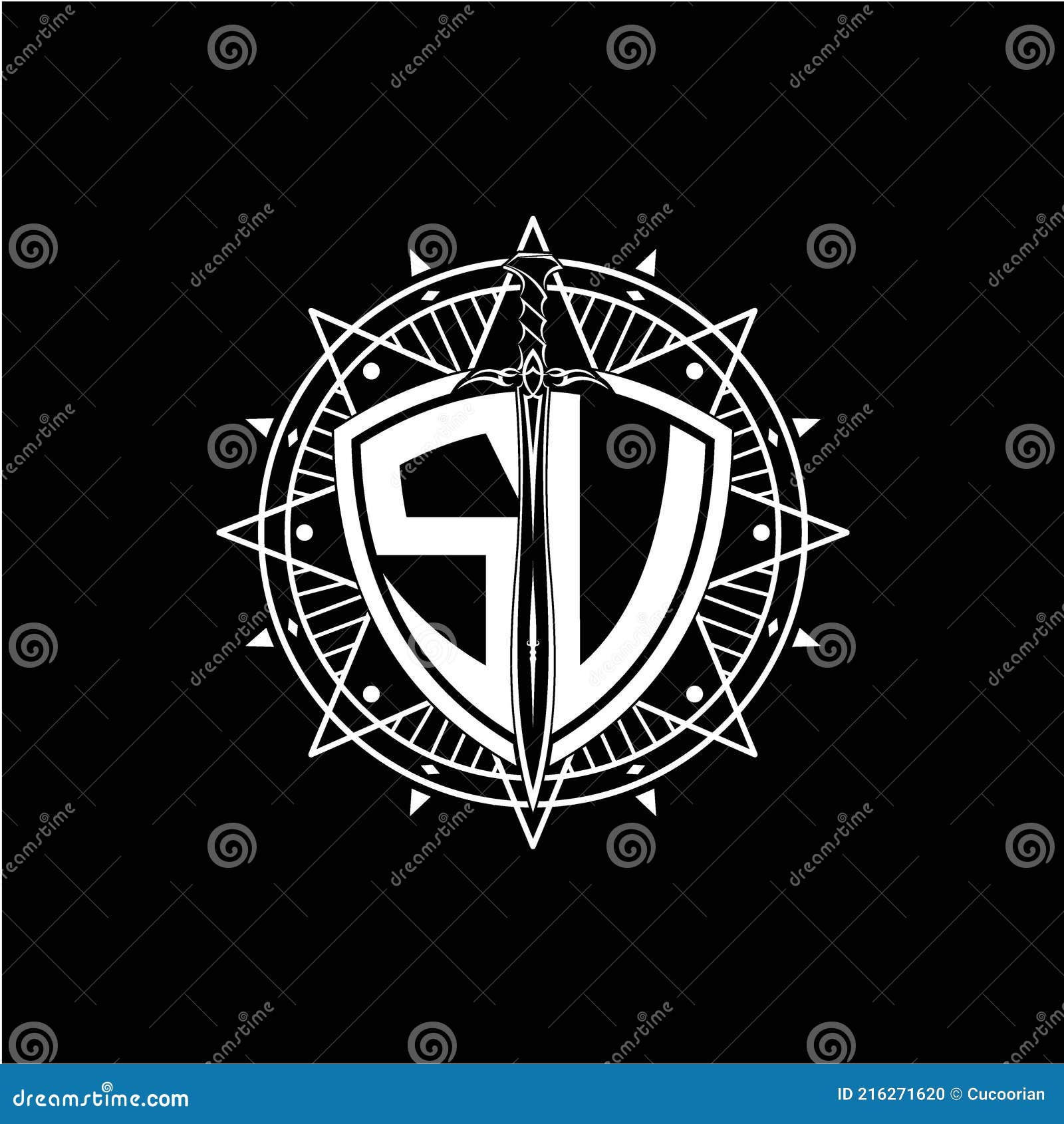 Monogram Initial Letter SV with Shield Decorated with Star Ornament ...