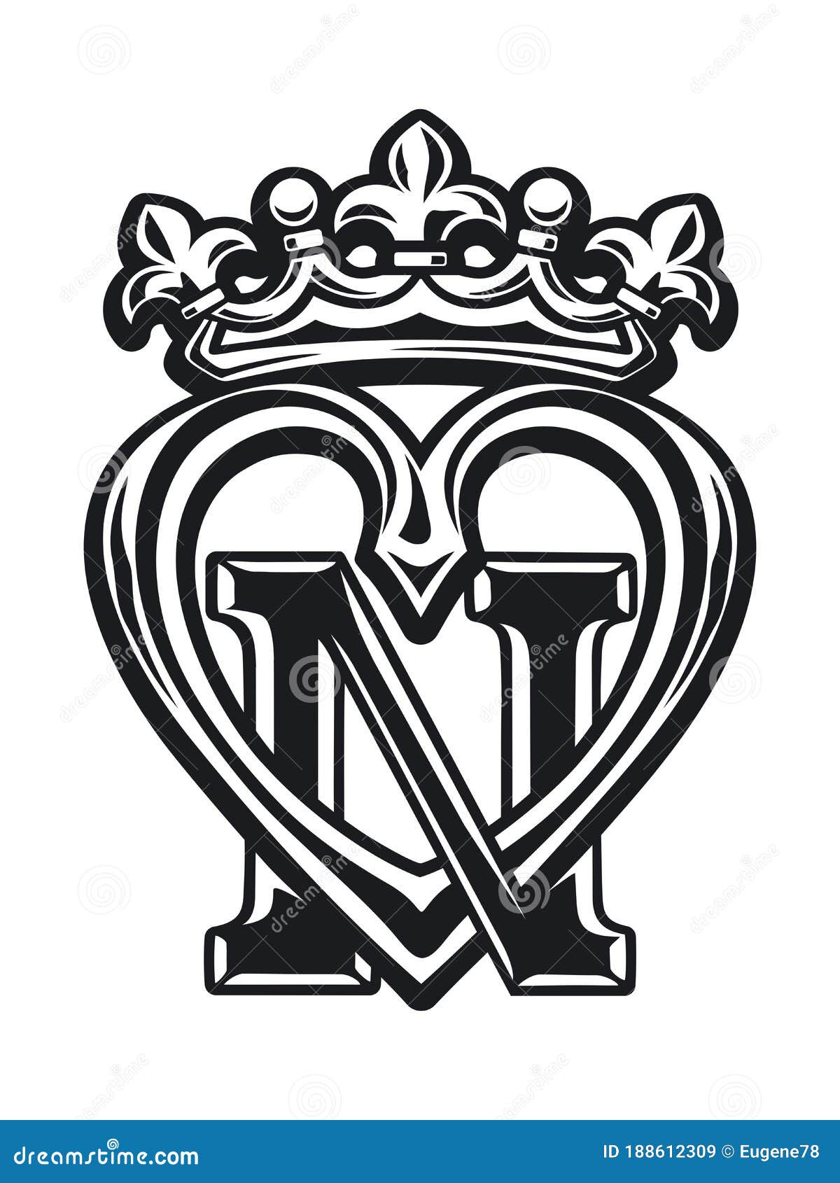 Monogram of Letter N with Heart and Crown Stock Vector - Illustration ...