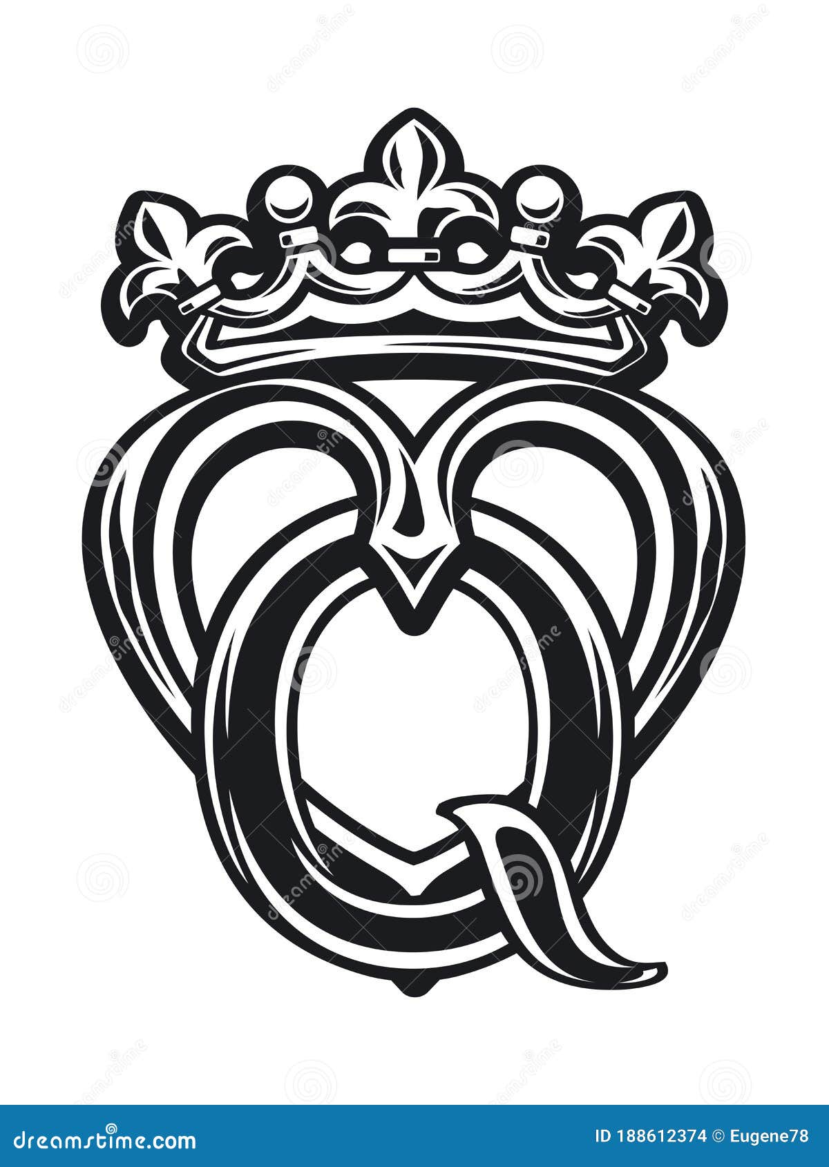Monogram of Letter Q with Heart and Crown Stock Vector - Illustration ...